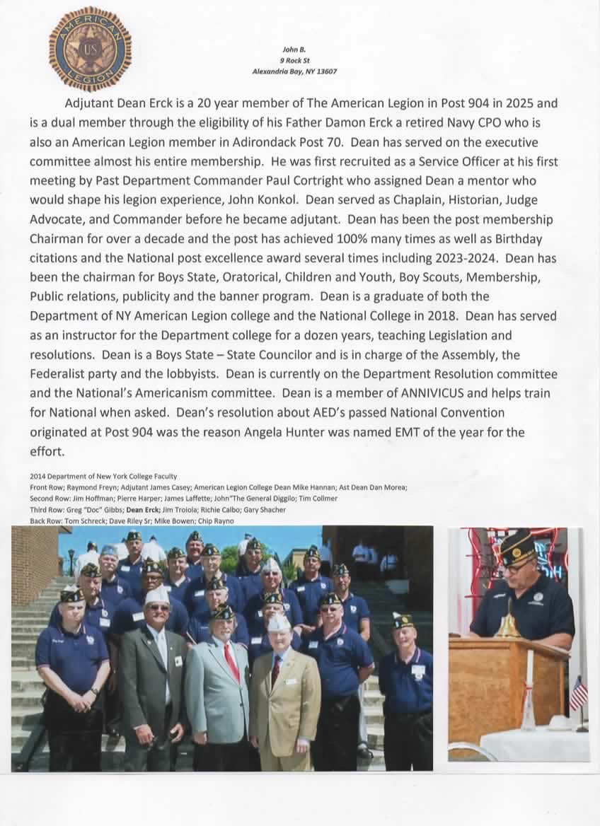 Adjutant and Membership: Dean Erck - John B. Lyman American Legion Post 904